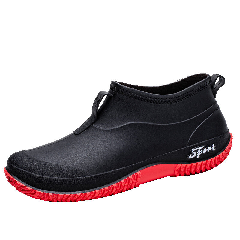 Резиновые сапоги, низкие резиновые сапоги, черно-красные водонепроницаемые низкие резиновые сапоги, нескользящие плоские водные туфли, мужские туфли без шнурков, резиновые сапоги для весны и осени. Размер обуви. EU:40
