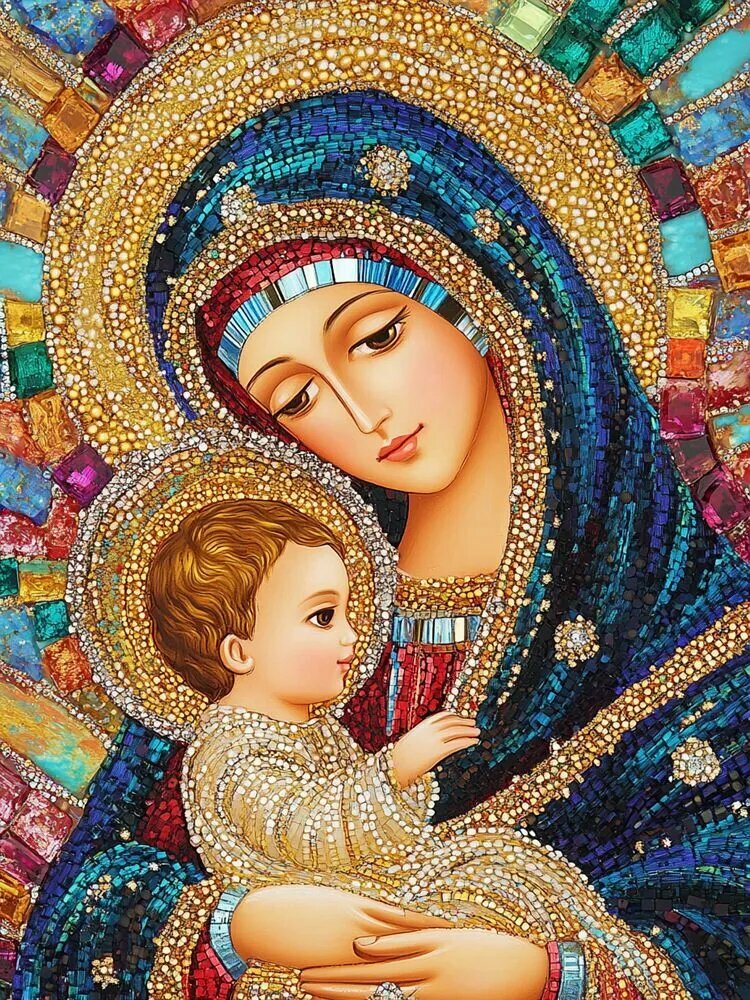 Алмазная картина "Богоматерь с Младенцем в мозаике", 30x40 см. Набор для творчества: икона, золотой нимб, мозаика.