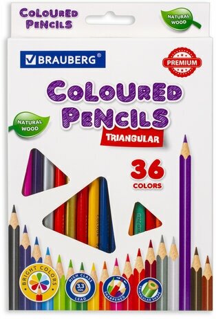 Карандаши цветные BRAUBERG PREMIUM36 цветовтрехгранныегрифель мягкий 3.3 мм181654