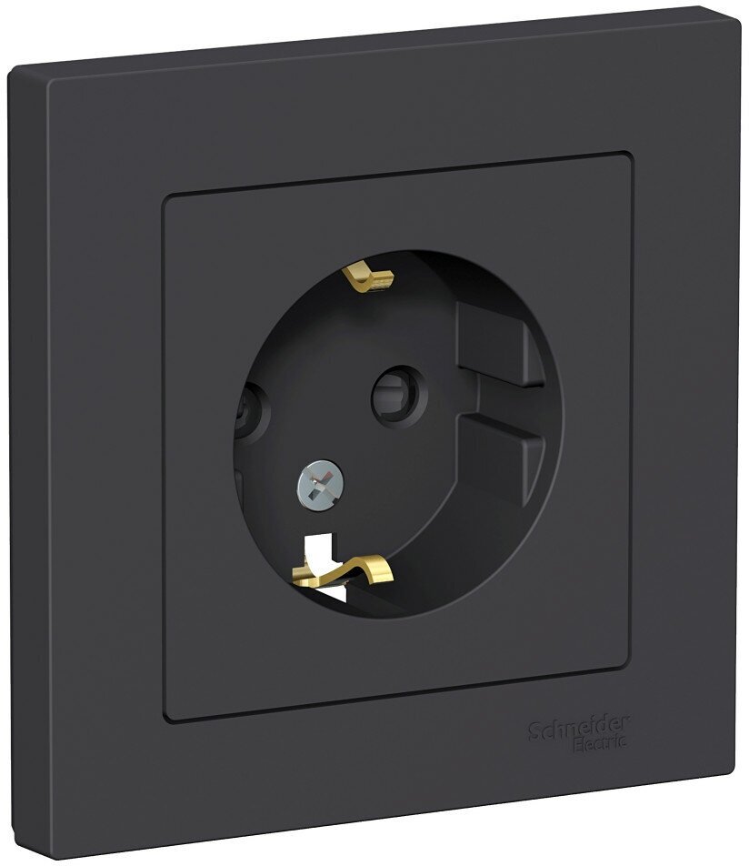 Розетка с заземлением со шторками 16А, в сборе с рамкой, AtlasDesign, цвет Карбон