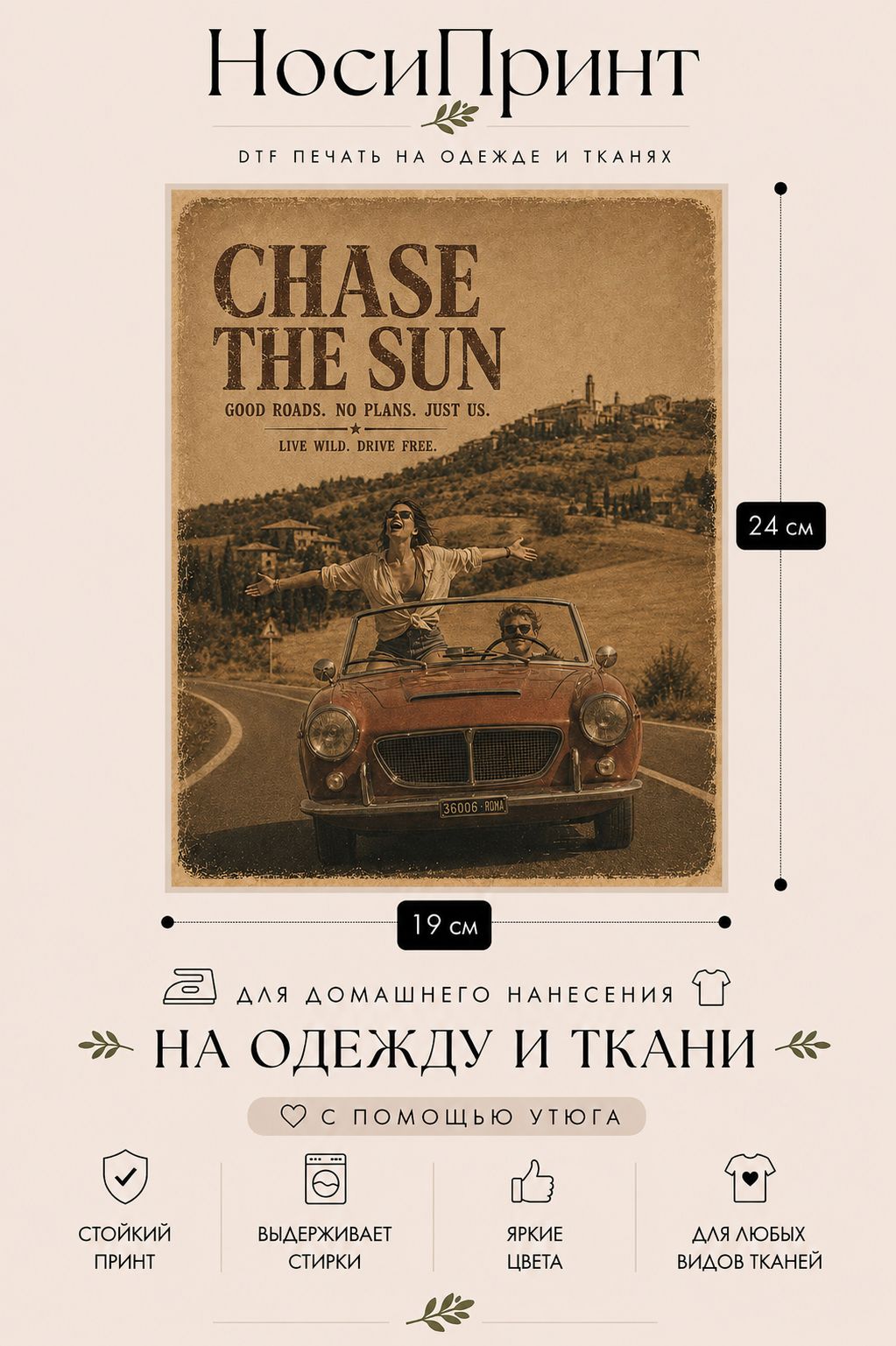 Термонаклейка для одежды / Термотрансфер 24х19 Chase The Sun Мужчина и Женщина на ретро автомобиле НосиПринт Endless Summer