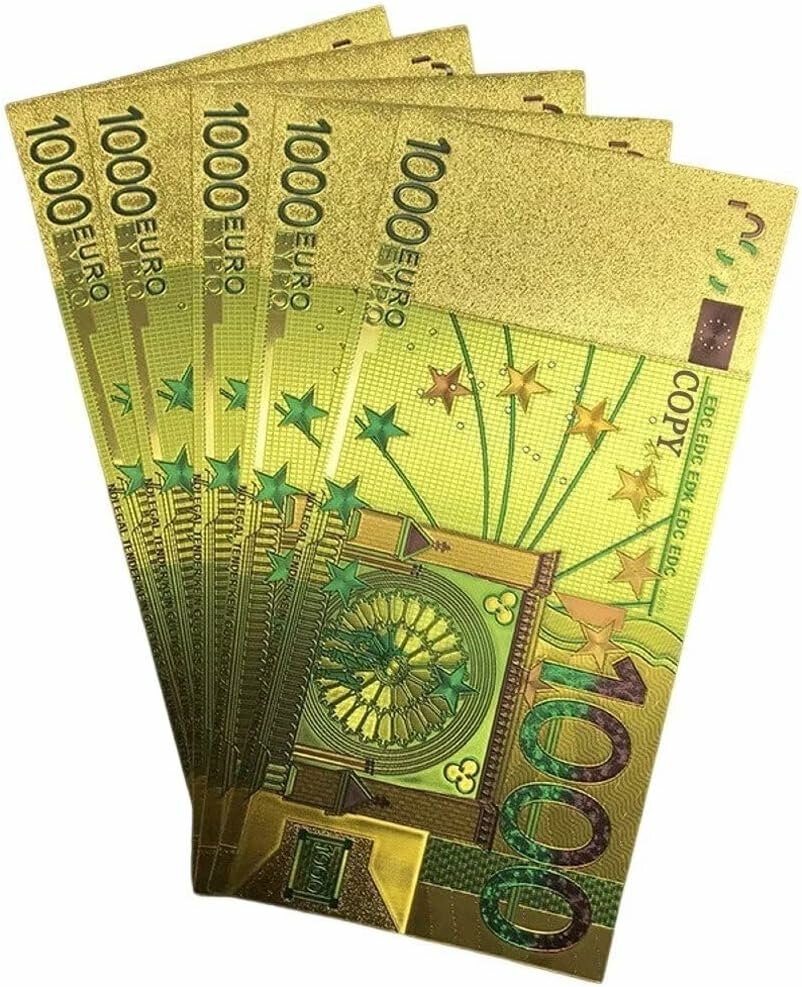 Набор золотых евро памятных банкнот, коллекционное издание с позолоткой, номиналы 1000/500/200/100 евро, цвет золото, размер 1:1, материал PET+24K золотой фольга, тип многоцветная печать, использование коллекционирование, оценка, количество 5 штук