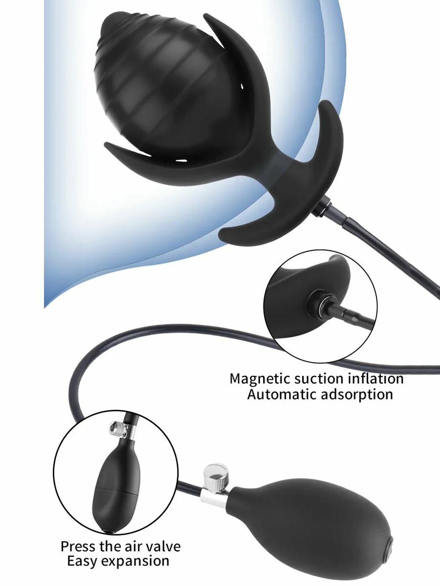 Надувная анальная пробка-расширитель с грушей и со смещенным центром тяжести, для ношения, 15см