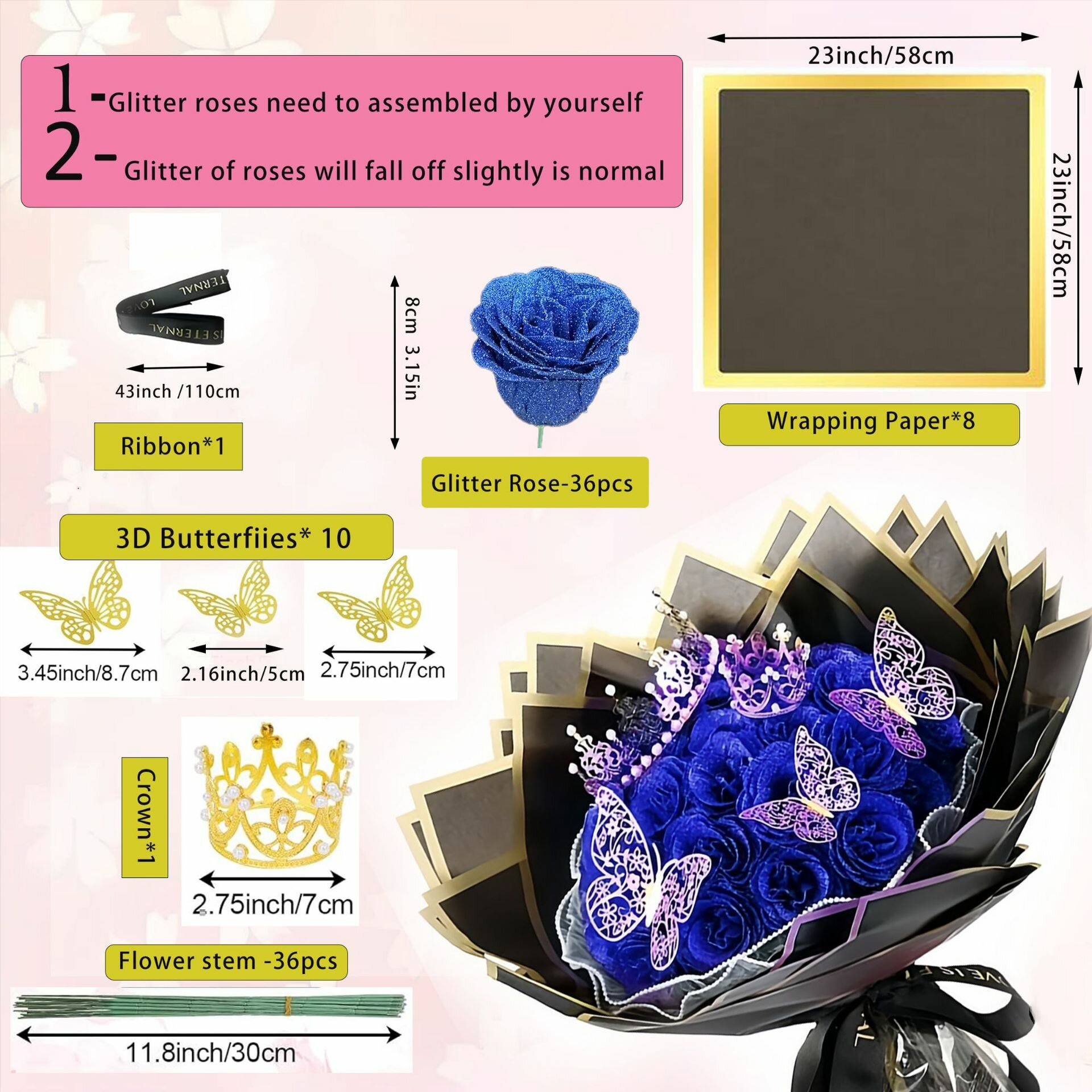 Блестящие розы, 3D-бабочки, корона, 24-36 штук, золотой блестящий букет, искусственные розы, бумага для упаковки своими руками, искусственные цветы на Хэллоуин.