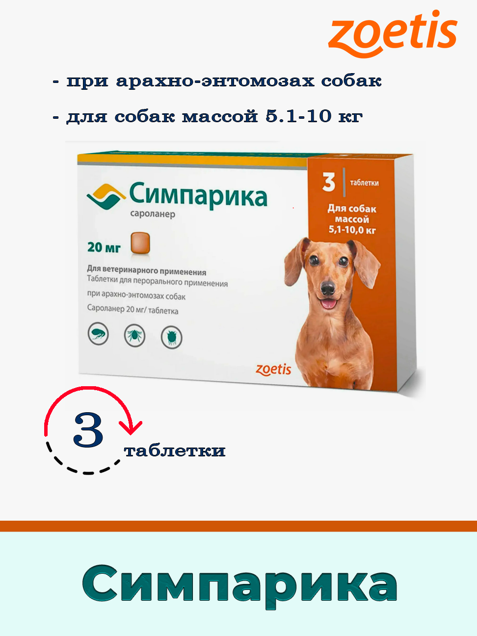 Zoetis таблетки от блох и клещей Симпарика для собак весом 5-10 кг, 20 мг 3 шт. в уп, 1 уп.