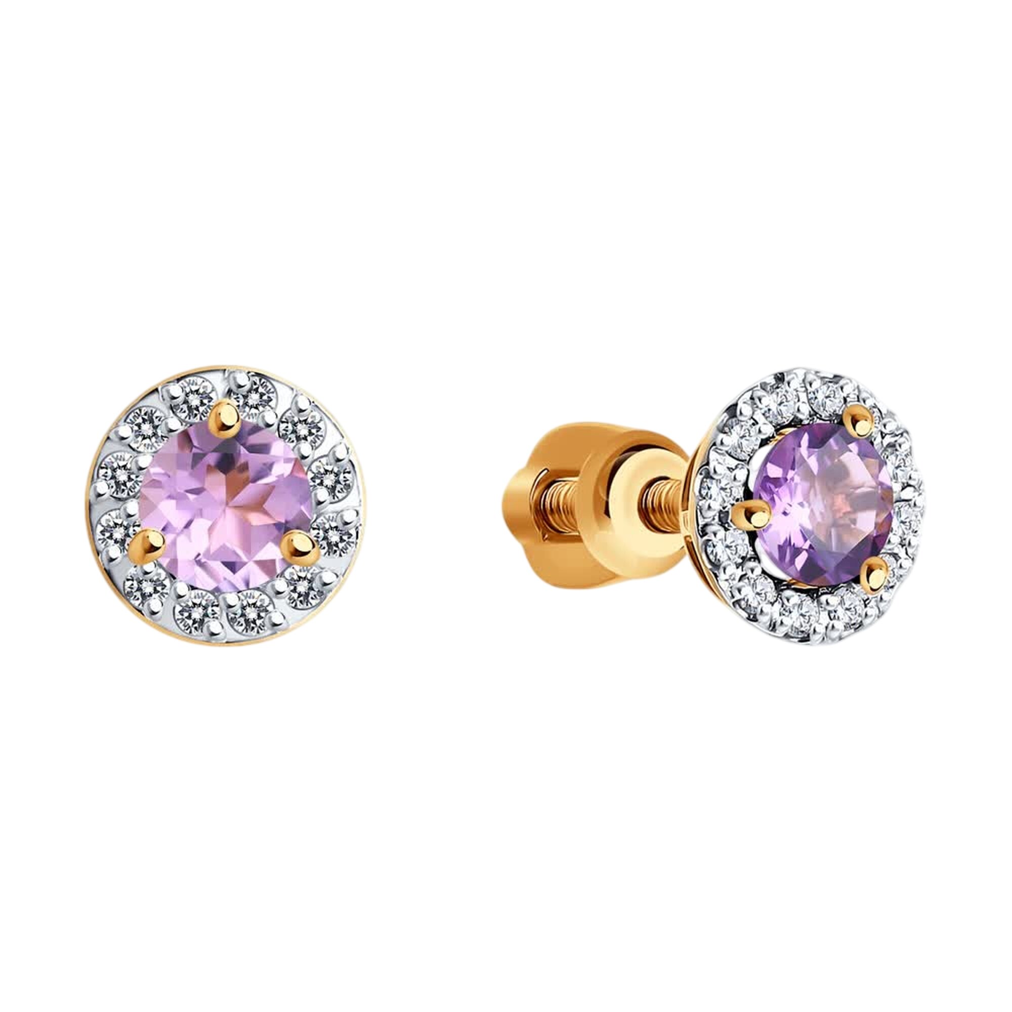 Серьги пусеты, красное золото, 585 проба, фианит, аметист