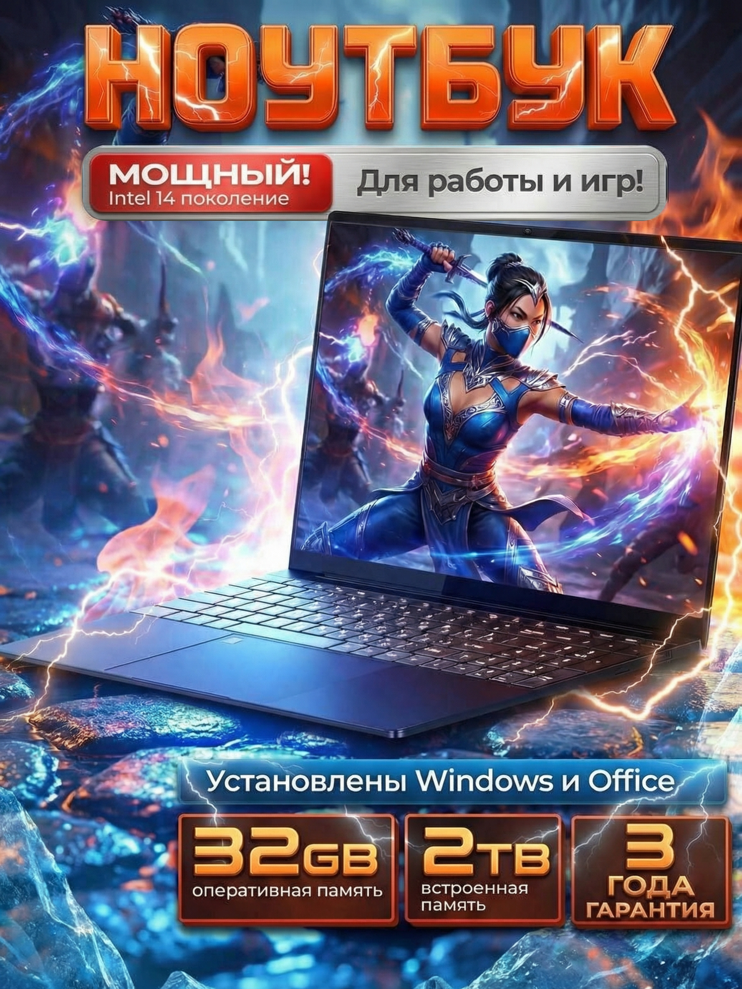 Ноутбук игровой 2026 N-Series, RAM 32GB, SSD 2048GB, IPS + Windows