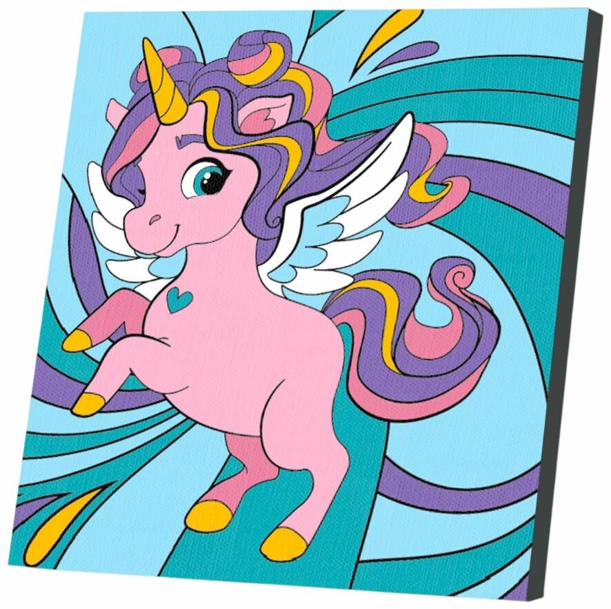 Картина по номерам "Волшебный единорог" на холсте с подрамником, раскраска для детей, набор для творчества, живописи и рисования, в комплекте морозостойкие краски 6 цветов, 15х15 см