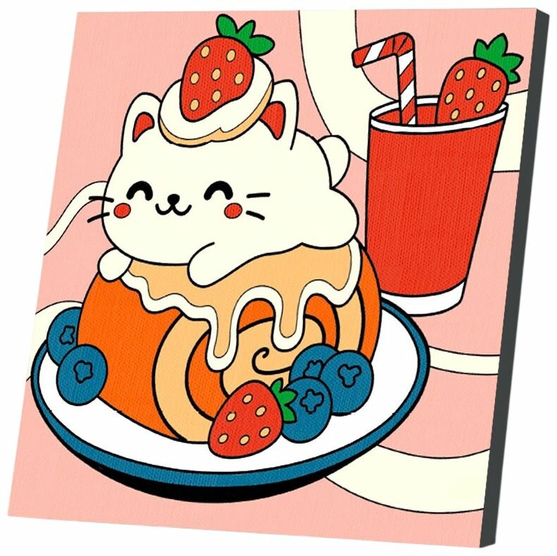 Картина по номерам "Маленький гурман" на холсте с подрамником, раскраска для детей, набор для творчества, живописи и рисования, в комплекте морозостойкие краски 6 цветов, 15х15 см