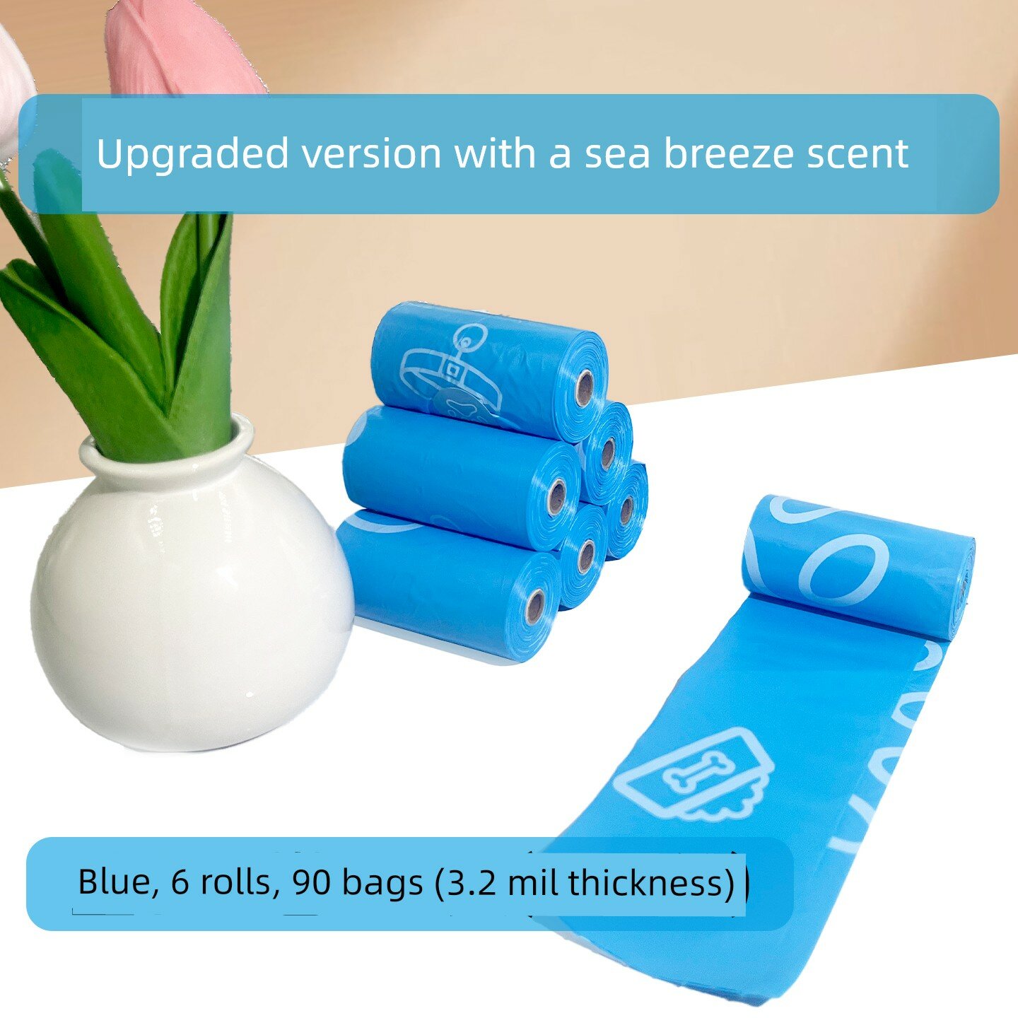 6 рулонов синих биоразлагаемых прочных пакетов для собачьего туалета, 90 одноразовых с ароматом морского бриза