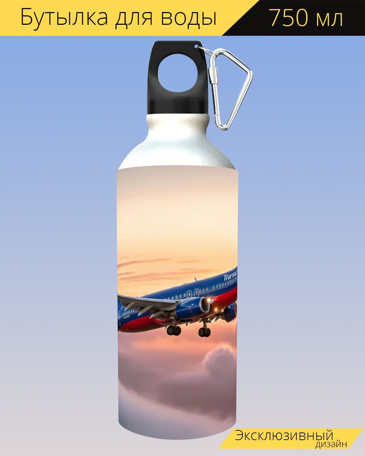 Бутылка фляга для воды "Самолет трансаэро в облаках, обрамлённых светом солнечного восхода, создаёт волшебный вид. нежные тона утреннего неба и." 750 мл. с карабином и принтом