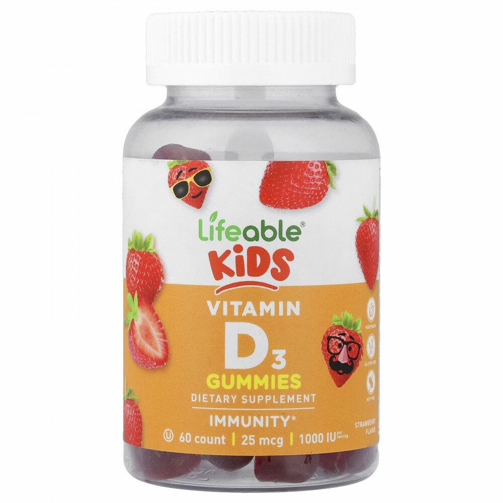 Lifeable, жевательный витамин D3 для детей, со вкусом клубники, 60 жевательных таблеток