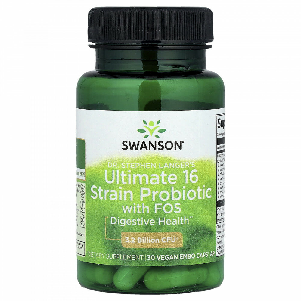 Swanson, Компания Dr. Ultimate 16 штаммов пробиотиков с ФОС от Стивена Лангера, 30 веганских капсул EMBO Caps® AP