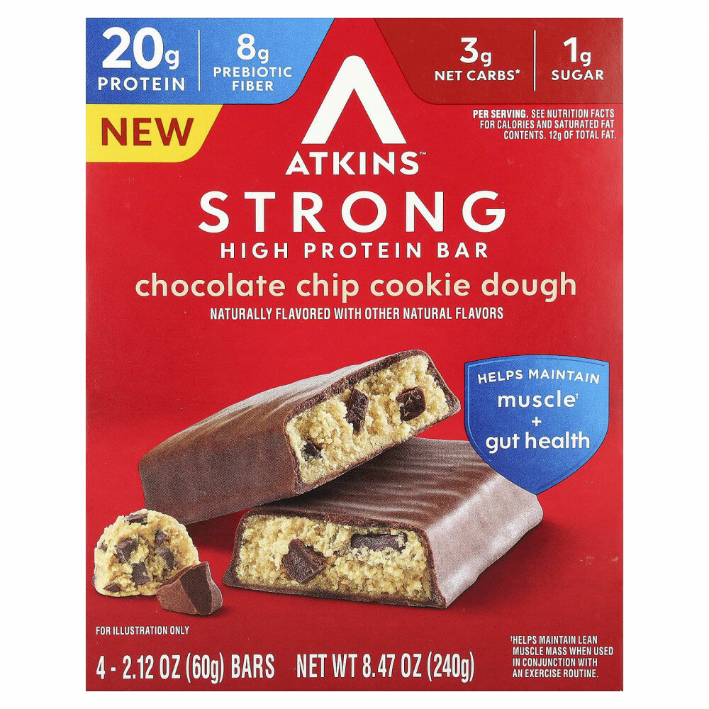 Atkins, Strong, высокопротеиновый батончик, тесто с шоколадной крошкой, 4 батончика по 60 г (2,12 унции)