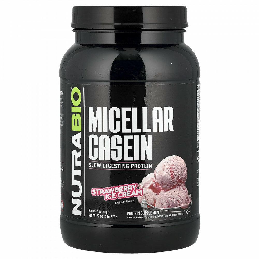 NutraBio, Мицеллярный казеин, клубничное мороженое, 907 г (2 фунта)