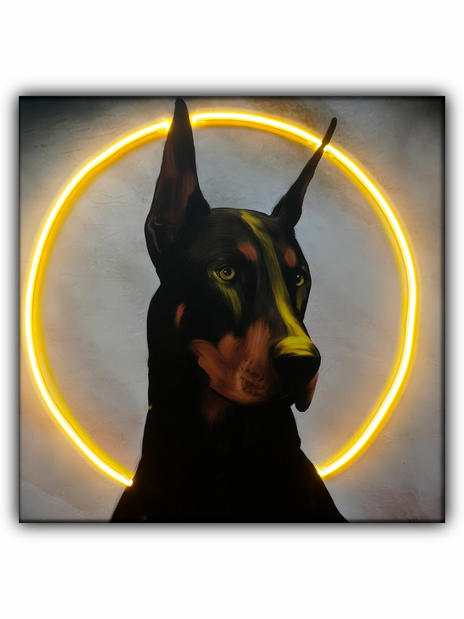 Декоративная картина с неоном на холсте "Доберман", картина ночник 60х60 см + пульт