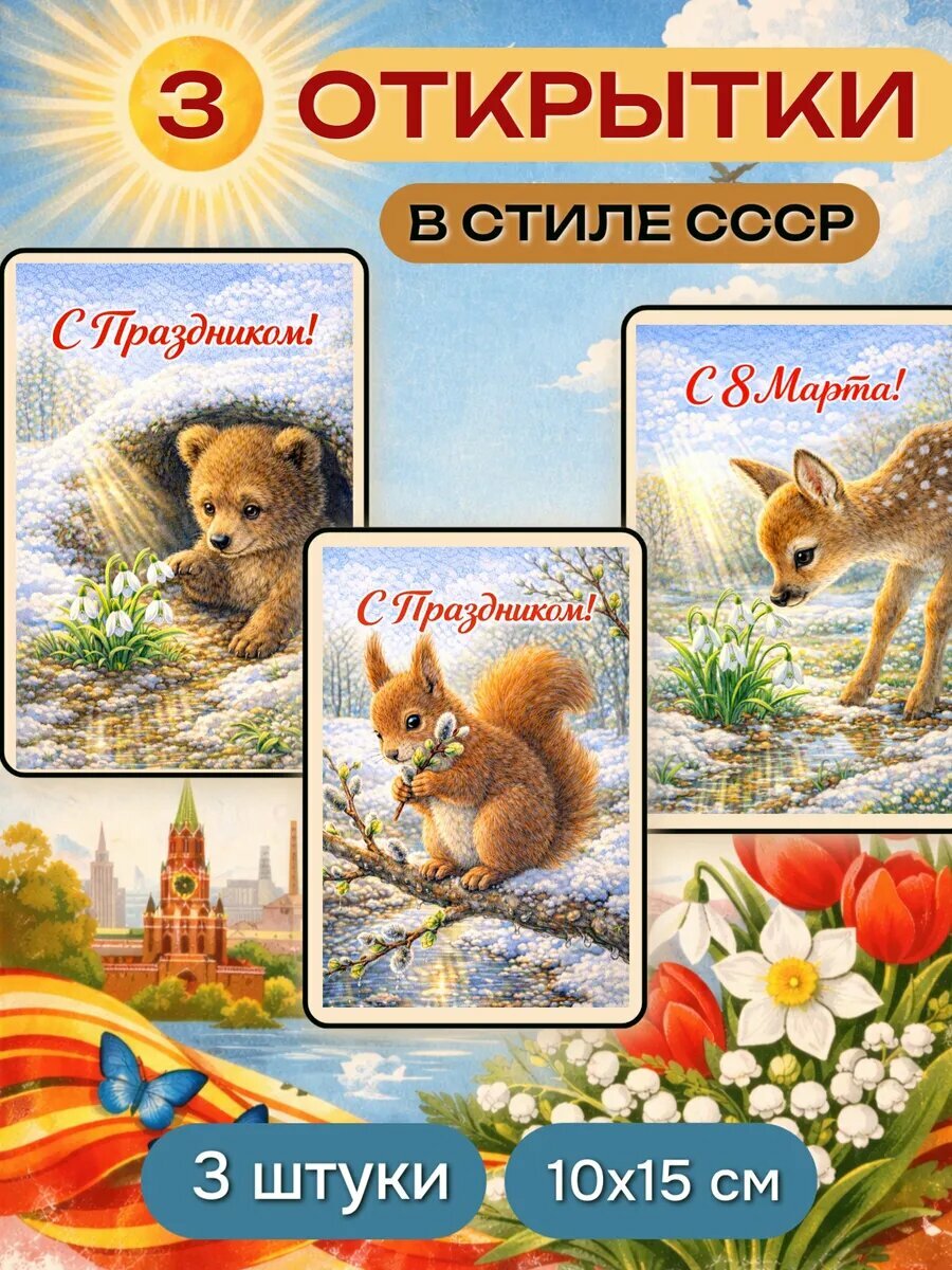 Набор открыток к пасхе в стиле СССР 3 шт 10х15см