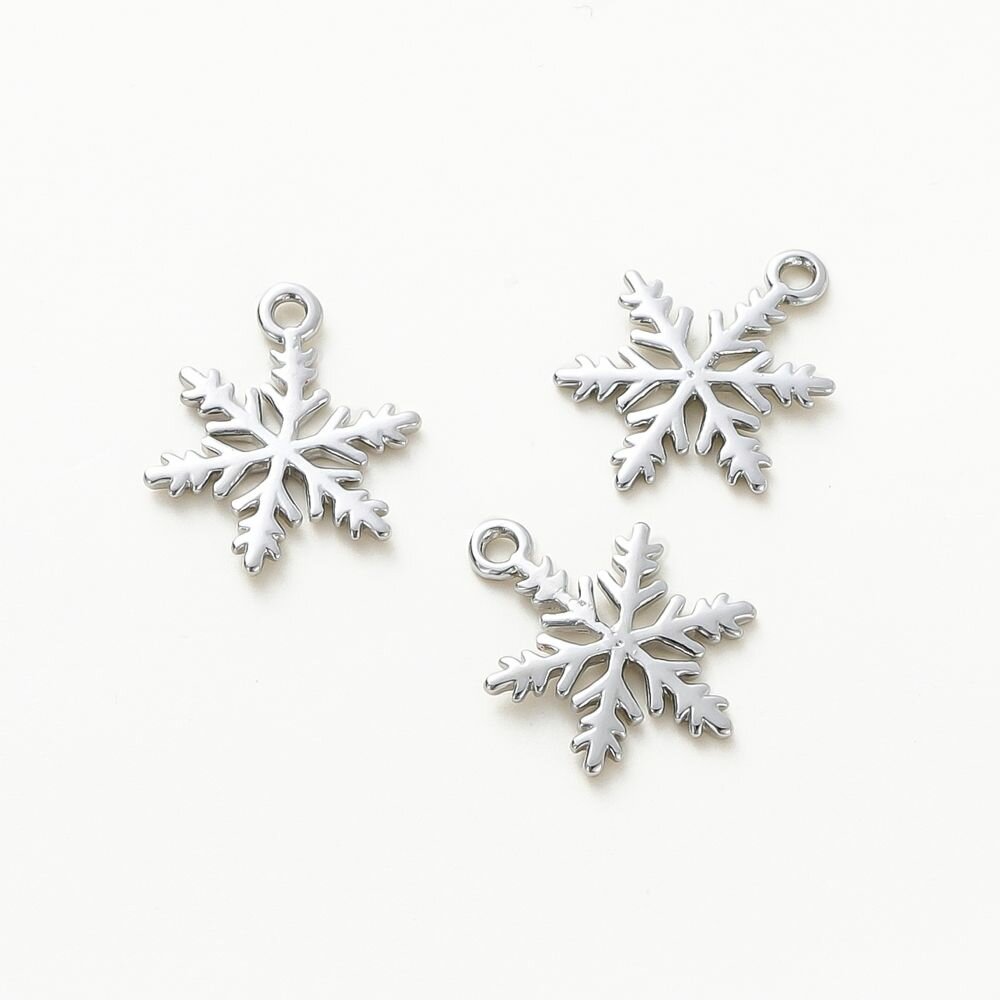 Кулон Подвеска металлическая снежинка 10 шт. для рукоделия / браслета / сережек, цвет родий, 12.3x16.5 мм