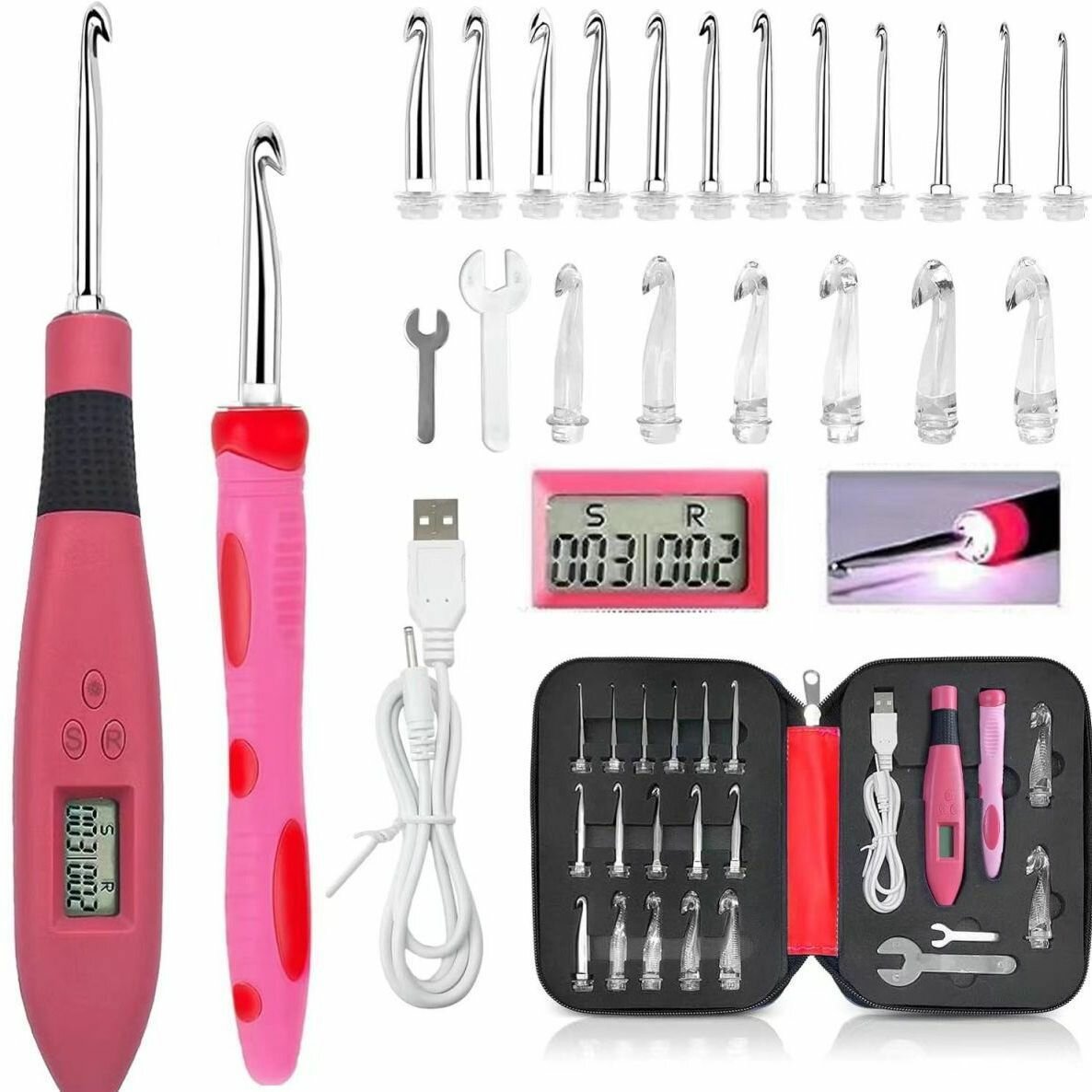 Набор крючков для вязания крючком с подсветкой, 18 размеров, с перезаряжаемым набором для вязания