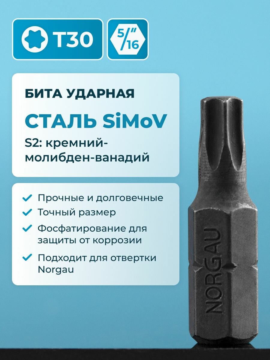 Бита ударная Torx Т30 NORGAU Industrial из высокопрочной SiMoV стали S2, для ударной отвертки с шестигранником 5/16"