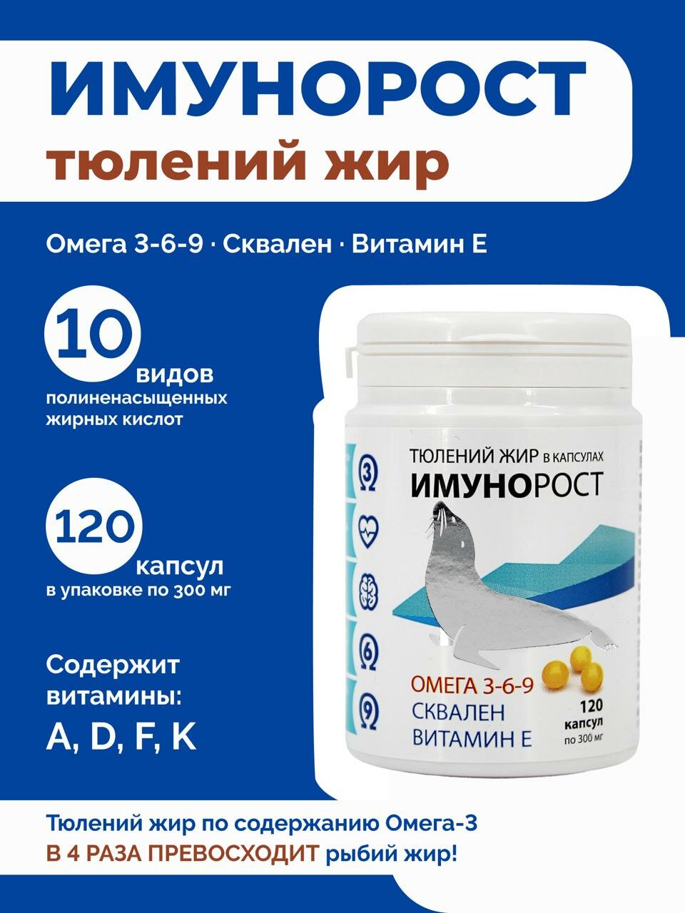 Тюлений жир пищевой Имунорост в капсулах, Омега-3, Витамин Е, 120 капсул