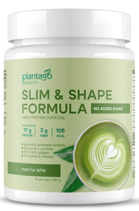 Протеиновый фитнес коктейль для похудения Prime Kraft SLIM & SHAPE PLANTAGO Protein, Матча-Латте 450 г.