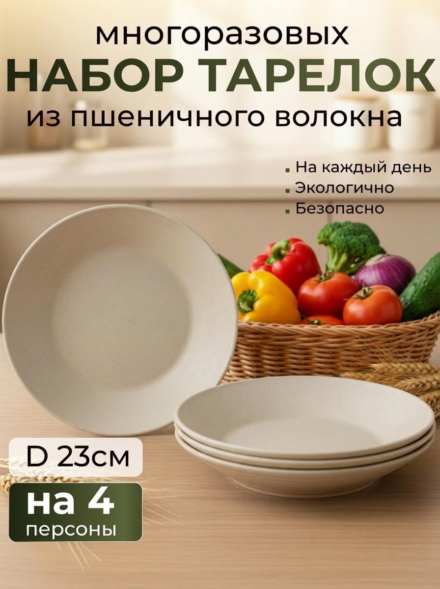 Набор тарелок суповые глубокие 750 мл. из пшеничной соломы 4 шт.