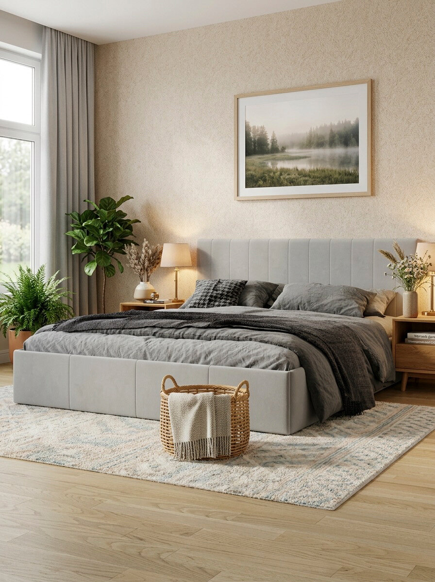 Кровать 160х200 двуспальная с подъемным механизмом ТриЯ, Айрис, Велюр Confetti Silver