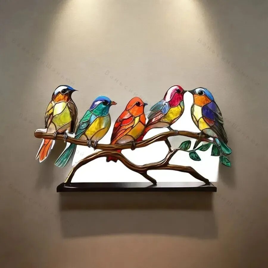 Декоративные украшения для дома. Птичка. 5 птичек на ветке, акриловые.