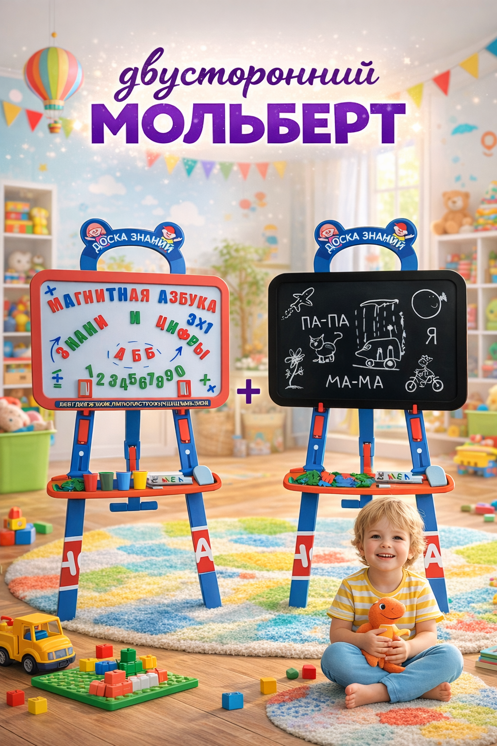 Детская двусторонняя доска для рисования с магнитными цифрами и буквами