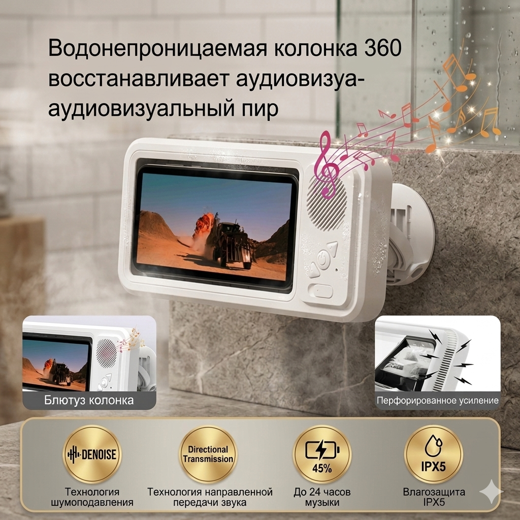 Держатель Для Телефона В Душ С Bluetooth-Динамиком, Водонепроницаемый IPX5, белое