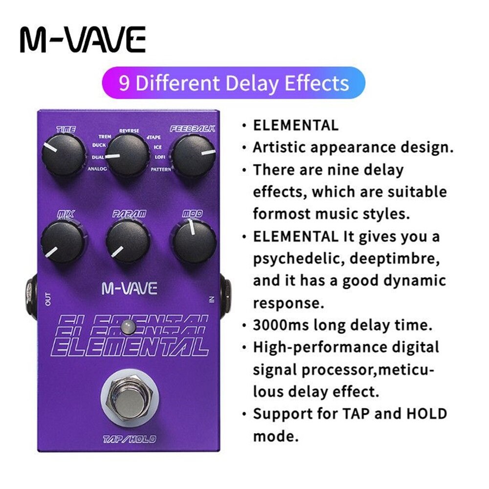 M-vave Педаль задержки Elemental Digital Delay Pedal, 9 различных эффектов задержки, поддерживаются режимы TAP и HOLD.