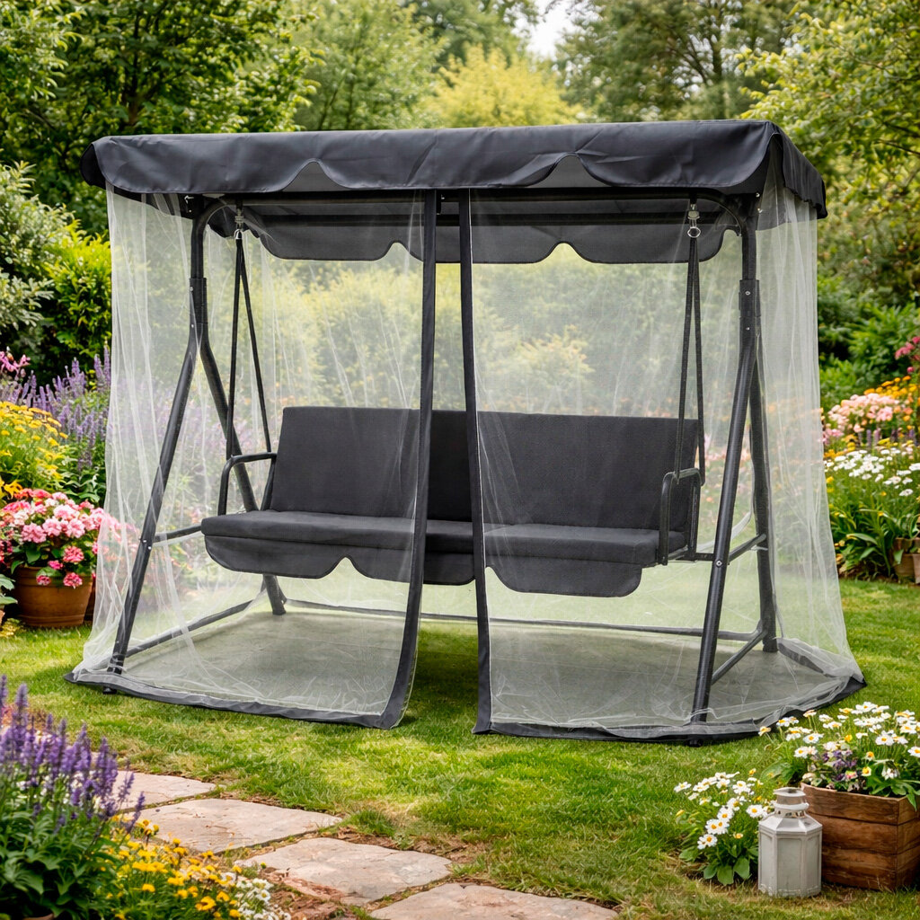 Качели садовые трехместные с москитной сеткой и солнцезащитным тентом, металлический каркас, нагрузка 210 кг, серый