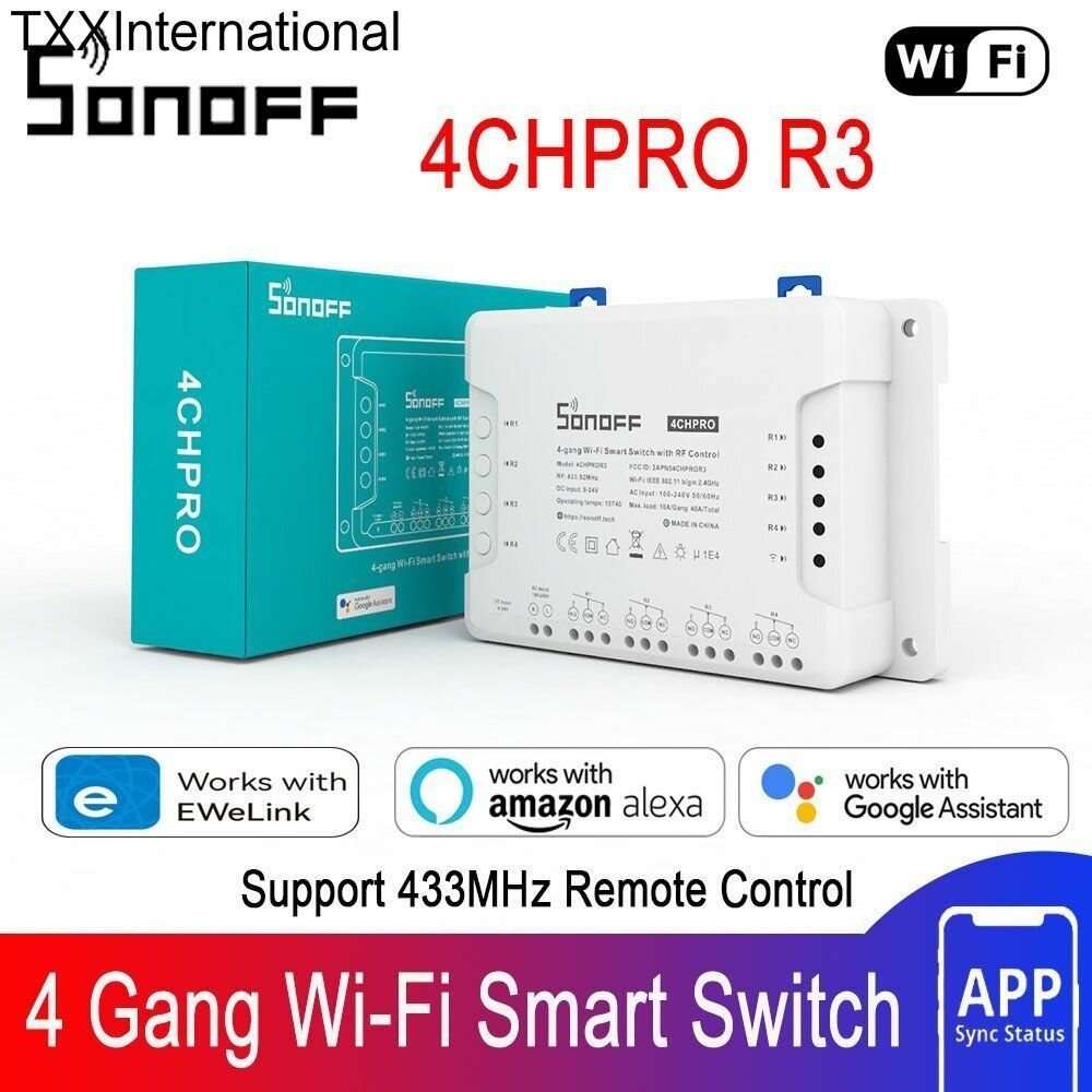 Релейный модуль 4-х канальный Wi-Fi SONOFF 4CH PRO R3, 4CHPRO, WiFi-Реле, Умный Дом