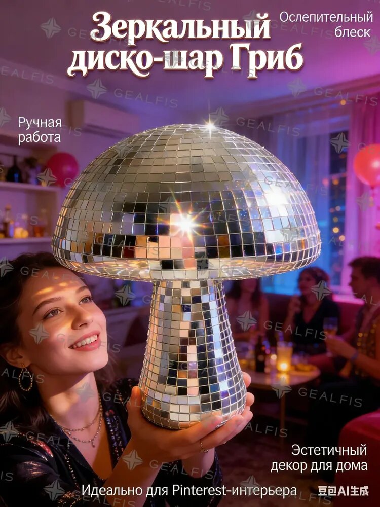 Диско-шар Гриб в стиле Ретро 70-х, зеркальное украшение для тематической вечеринки, интерьерный декор, дискотека и блеск.