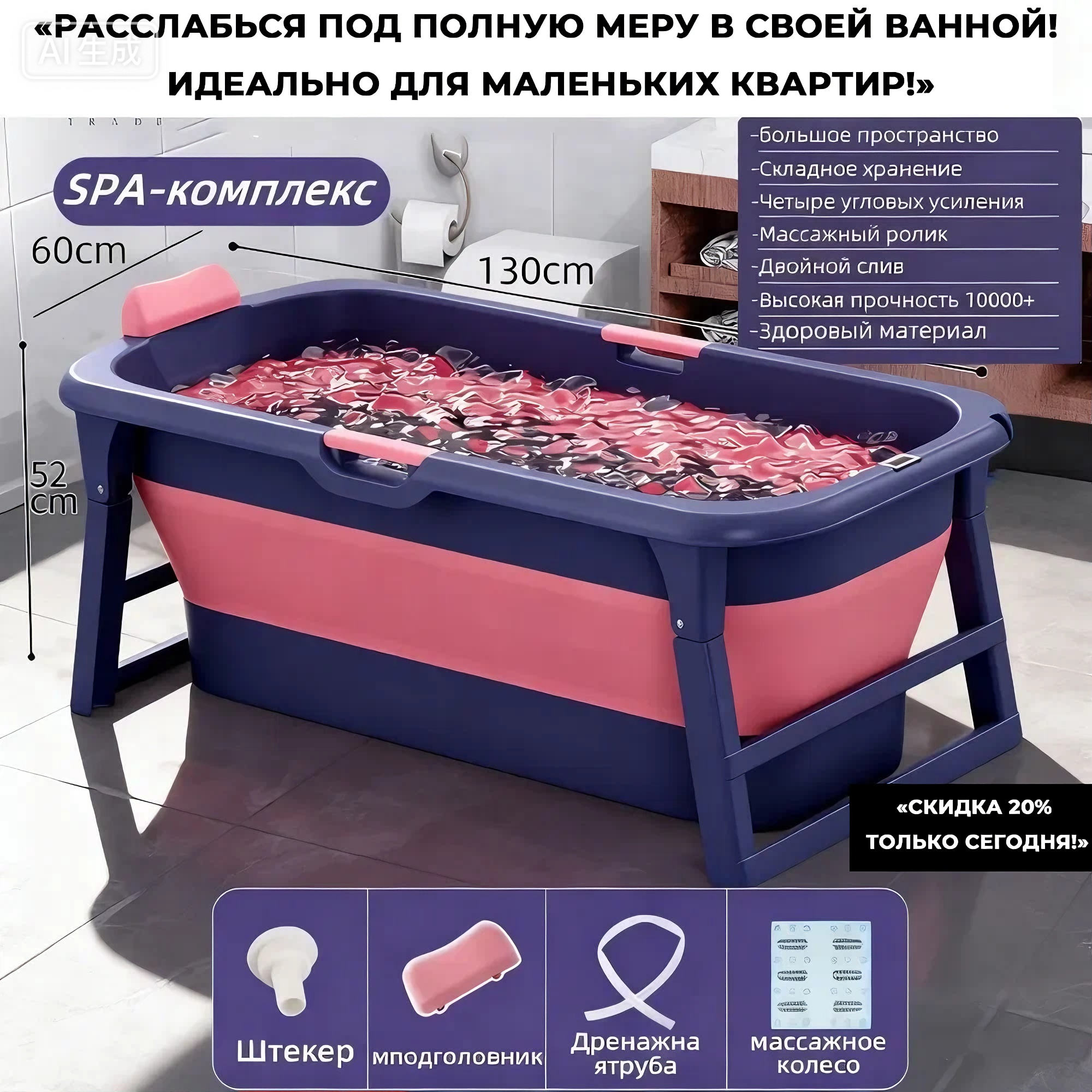 Складная ванна SPA-комплекс 130 см темно-синяя с розовым, с массажным роликом и подголовником, прочная для дома