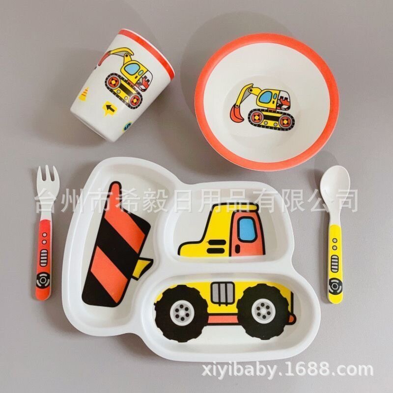 Детская посуда из бамбукового волокна: тарелка с разделителями в виде мультяшной машинки, миска для еды для малышей, подарок для детей, посуда в виде экскаватора.