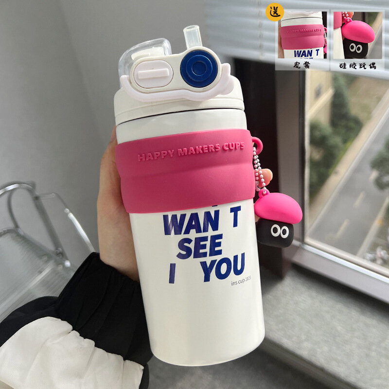 Термос-кружка для девочек, большая емкость, стильная кружка с трубочкой, новая модель 2025 года, термос-кружка для кофе из нержавеющей стали.