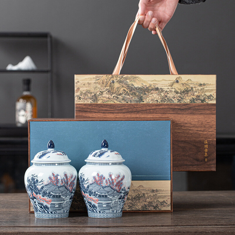 Упаковочная коробка для чая, ландшафтная керамическая герметичная банка, подарочная коробка для полулитрового черного чая, большая двойная банка для белого чая в китайском стиле, винтажный стиль.