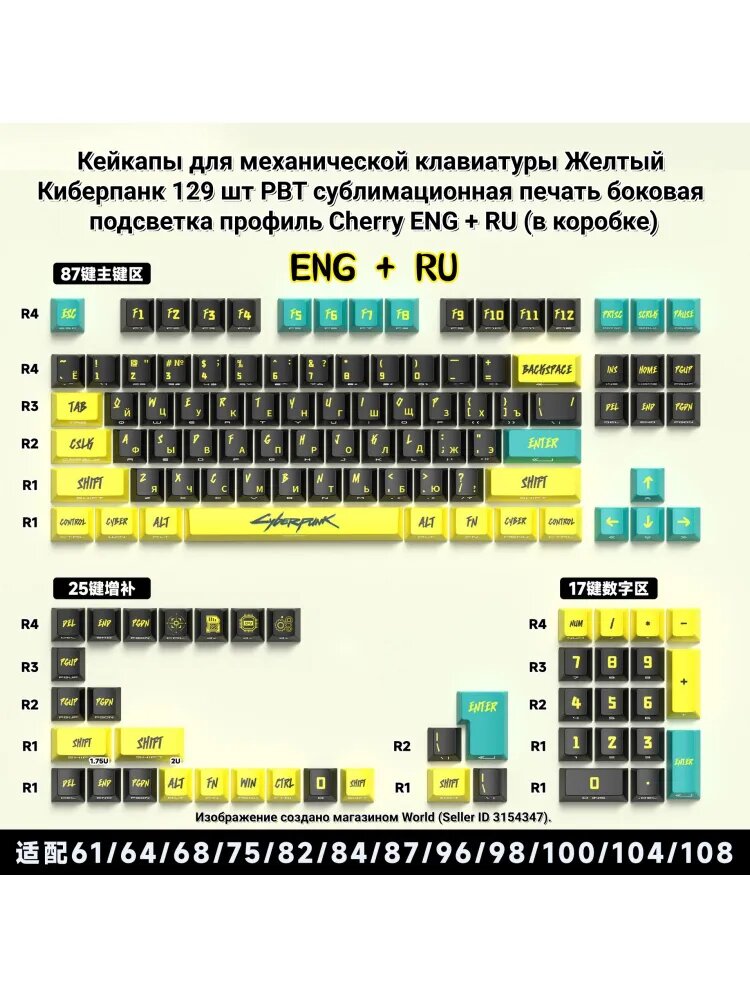 Кейкапы для механической клавиатуры Желтый Киберпанк 129 шт PBT сублимационная печать боковая подсветка профиль Cherry ENG + RU (в коробке)