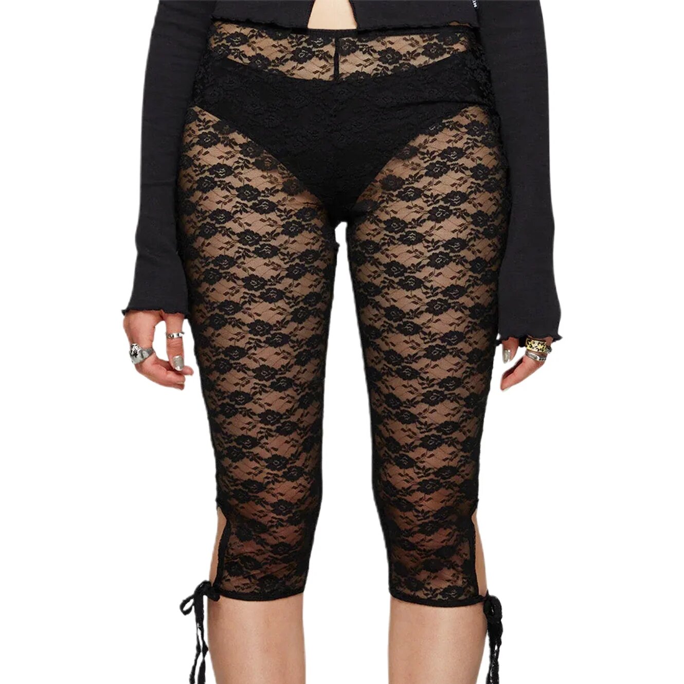 Женские кружевные леггинсы-капри с цветочным принтом, прозрачные узкие шорты длиной до колена с низкой посадкой и 3D-бантами