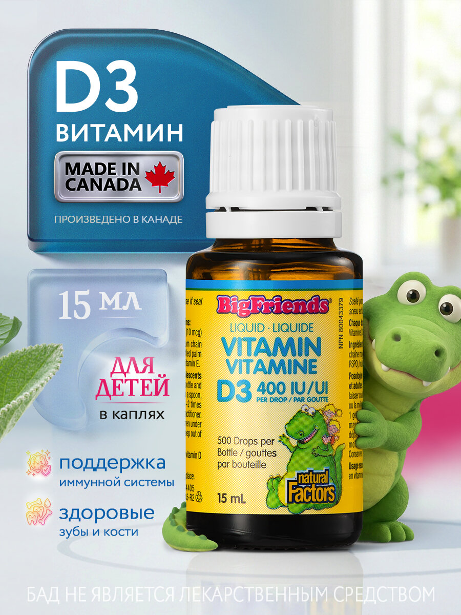 Natural Factors, Liquid Vitamin D3 400 IU, Жидкий витамин Д3 400 МЕ Big Friends для детей