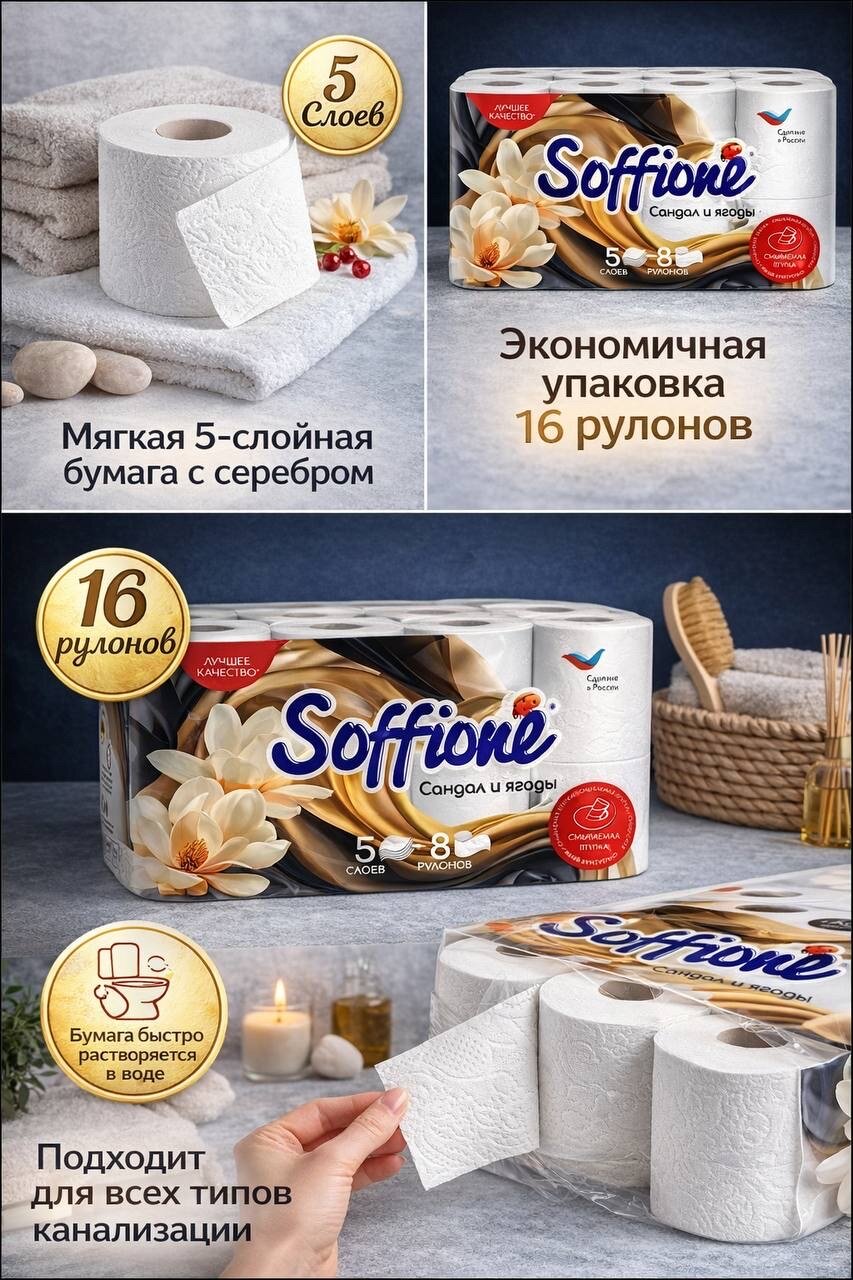 Туалетная бумага "Сандал и ягоды", Soffione, 5 слоёв, 16 рулонов, ароматизированная