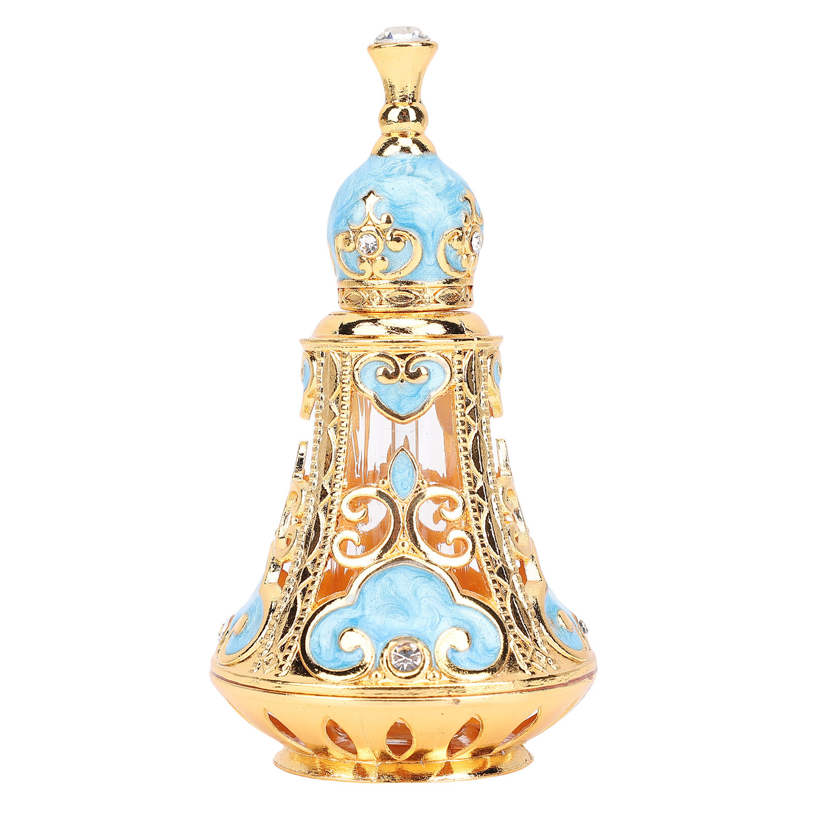 Винтажный эмалированный флакон для духов в ближневосточном стиле. Изысканный, элегантный, металлический, многоразового использования, золотистый, светло-голубой.