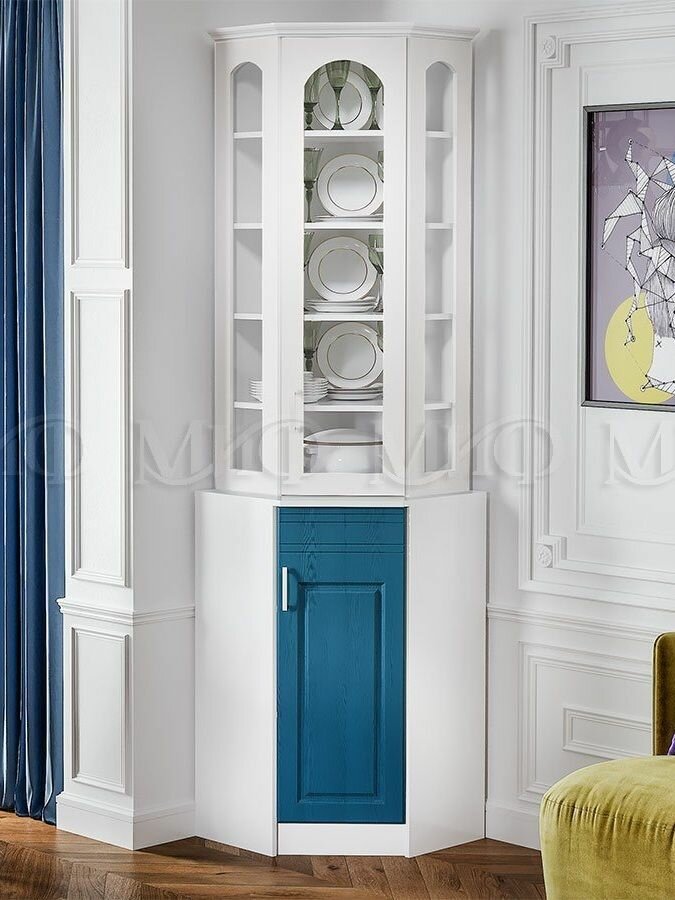 Буфет для кухни Констанция, угловой кухонный шкаф для посуды напольный с фасадами МДФ, 58х225х58 см, Джинс, Белый/Белый матовый