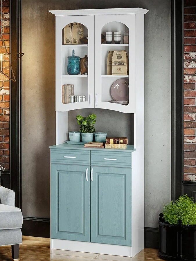 Буфет для кухни Констанция, кухонный шкаф витрина для посуды напольный с фасадами МДФ, 80х225х43 см, Голубой, Белый/Белый матовый
