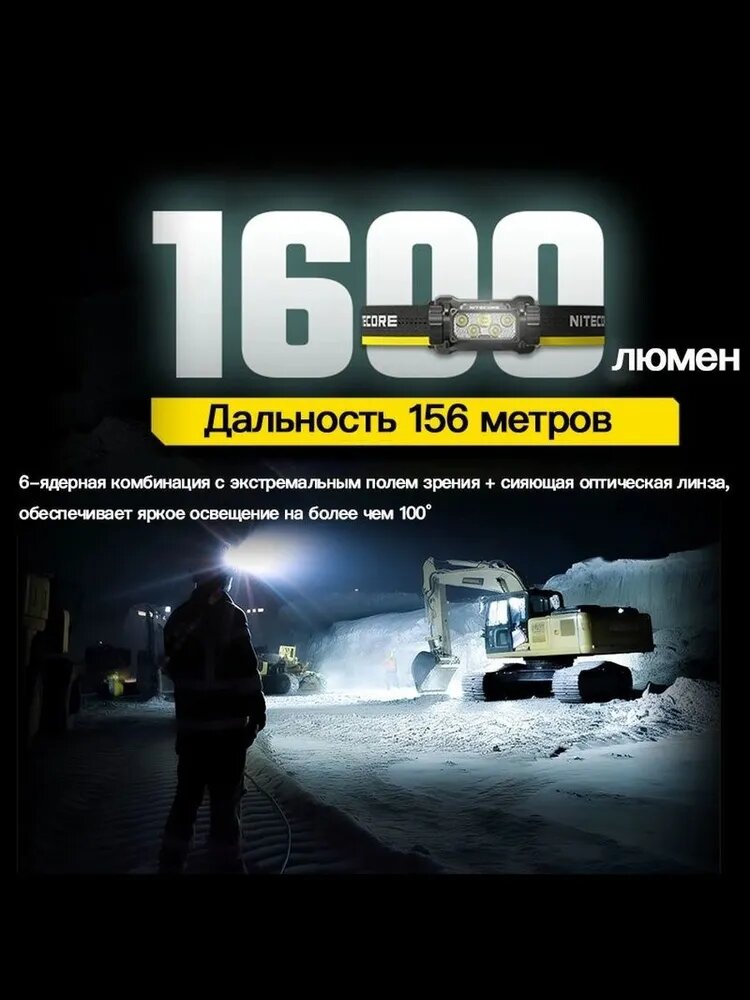 Фонарь-прожектор NITECORE HC70 UHE 1600 люмен, 6 x NiteLab UHE LED, Дальность 156 м, Вес 172 г, Белый/Красный свет — фото 1