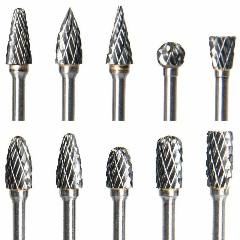 Набор Борфрезы Твердосплавные 10 штук, хвостовик 3 мм / Шарошки по металлу, пластику, дереву / Набор фрез твердосплавных абразивных, по металлу, по алюминию