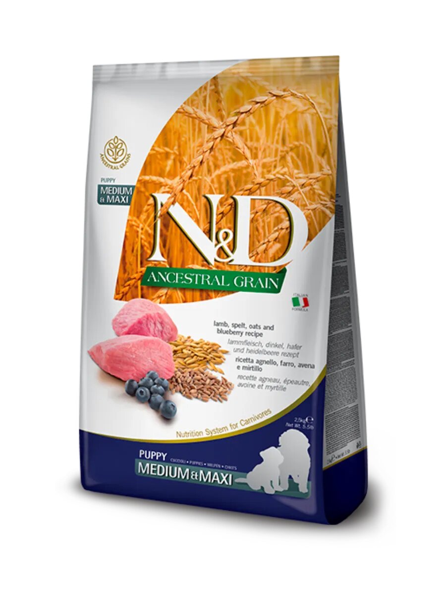 Сухой корм Farmina N&D Ancestral Grain (Фармина) для щенков сук средних и крупных пород ягненок с черникой, 2,5 кг