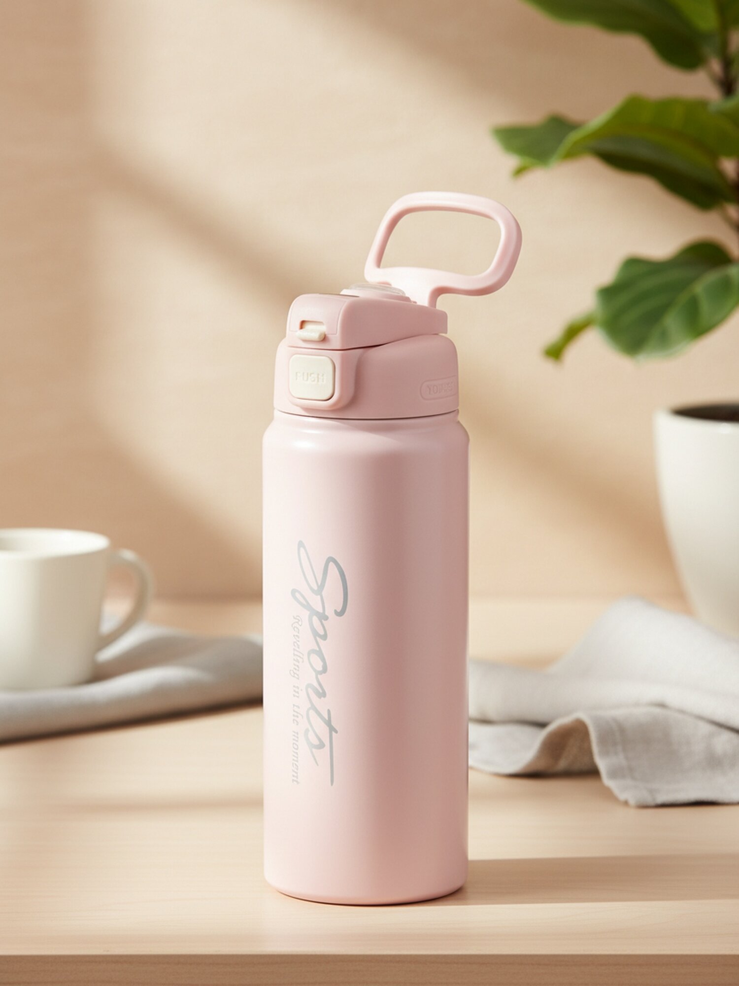 Розовая термобутылка 0.8 л из нержавеющей стали Y4-11684, спортивный термос с трубочкой для воды, кофе и чая.